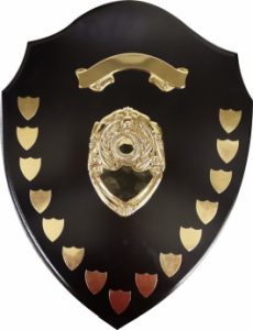 WOODEN SHIELD COMPLETE WITH SILVER SHIELDS 400mm - Trophy Connection